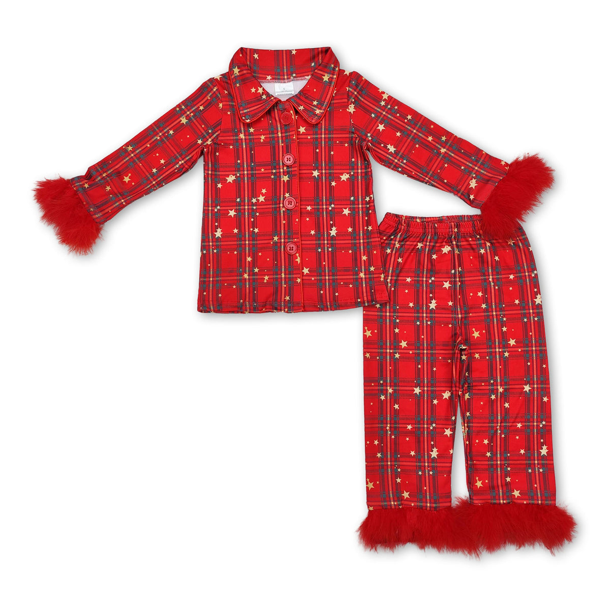 Red stars plaid kids girls button down Christmas pajamas – Yawoo Garments