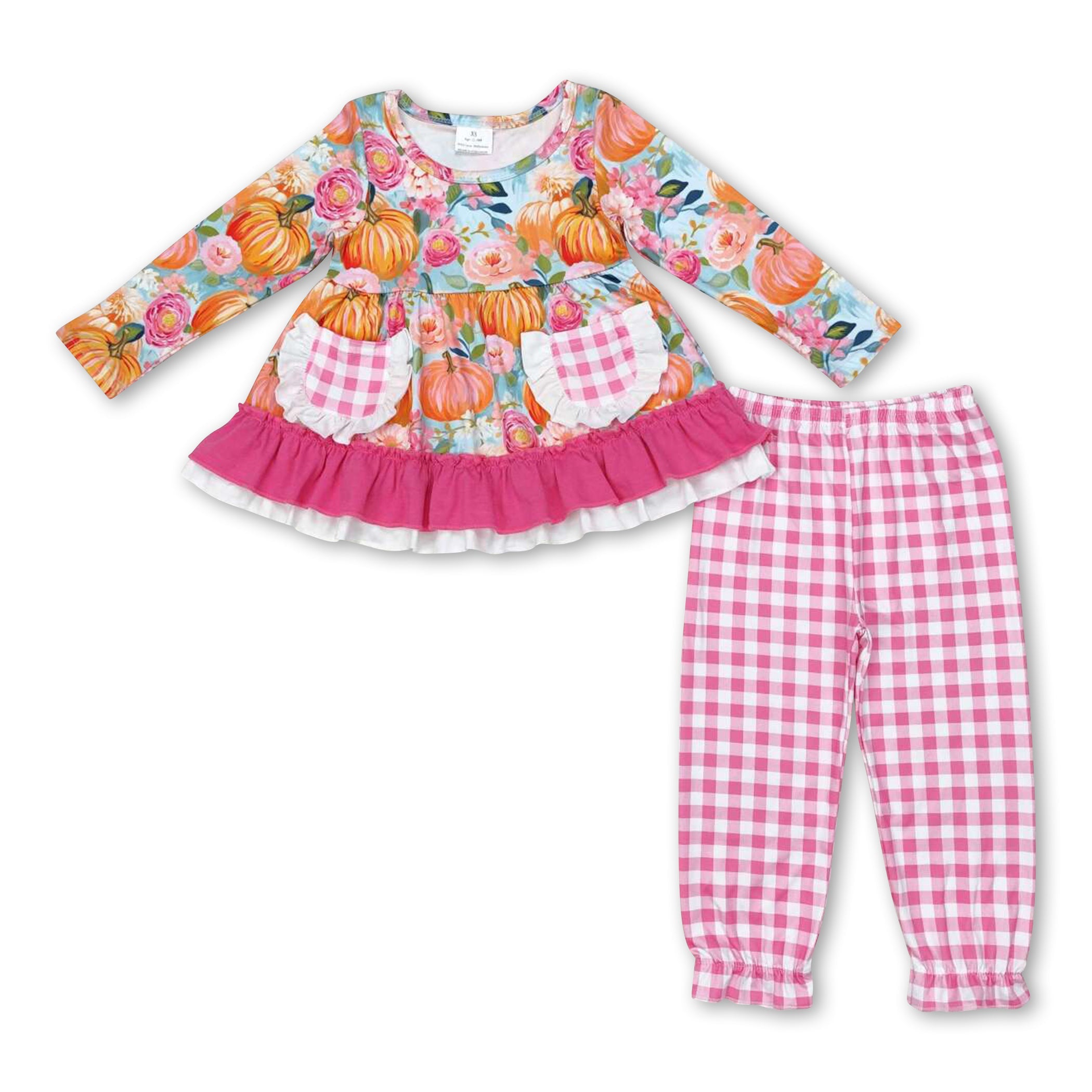 Pumpkin pocket tunic pink plaid pants girls fall clothes – Yawoo Garments
