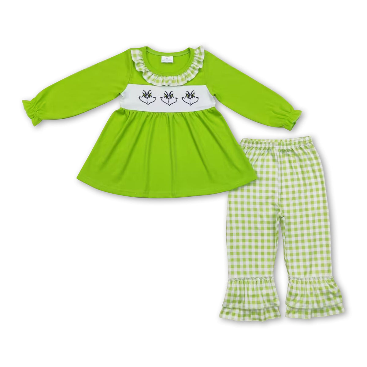 Green face tunic plaid ruffle pants girls Christmas outfits – Yawoo Garments