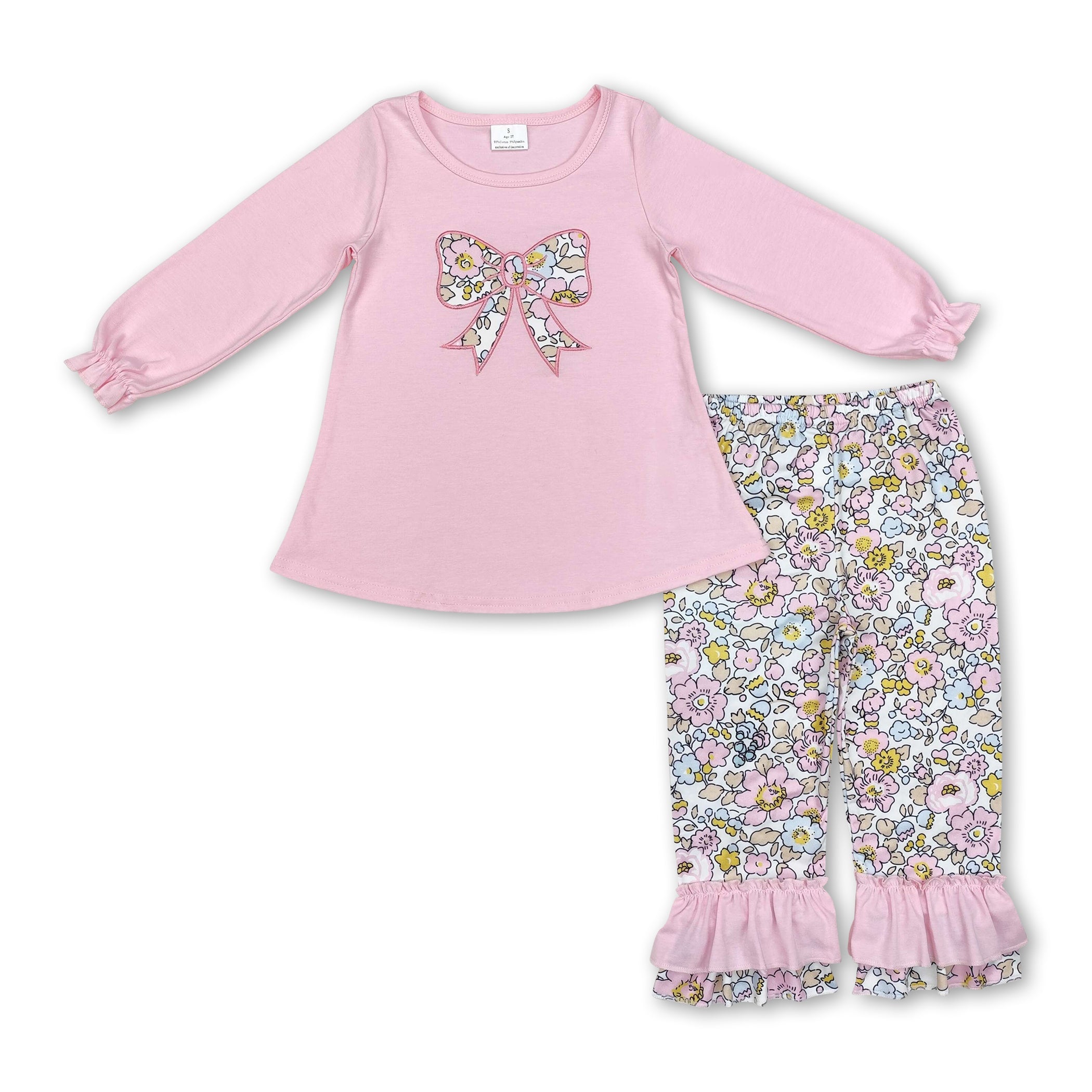 Pink bow tunic floral ruffle pants girls clothing set – Yawoo Garments