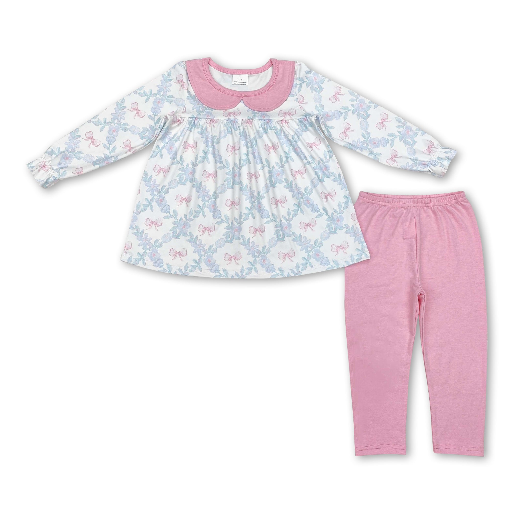 Pink bow floral tunic leggings girls clothing set – Yawoo Garments