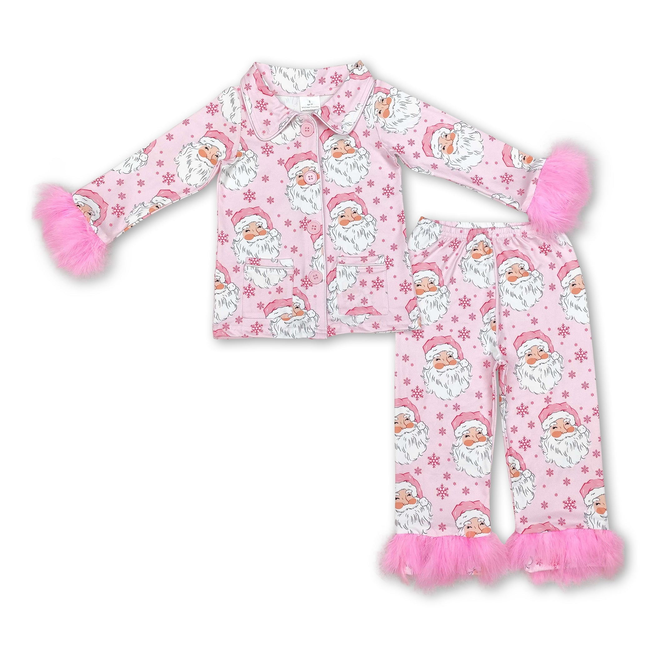 Pink santa fur sleeves button down girls Christmas pajamas – Yawoo Garments