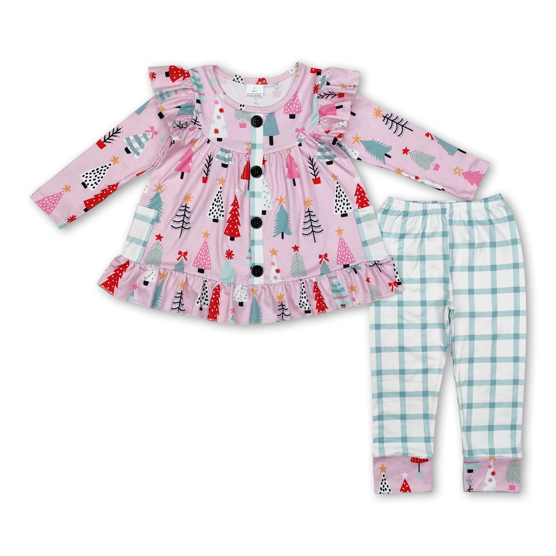 Pink Christmas tree ruffle tunic plaid leggings girls clothes – Yawoo Garments