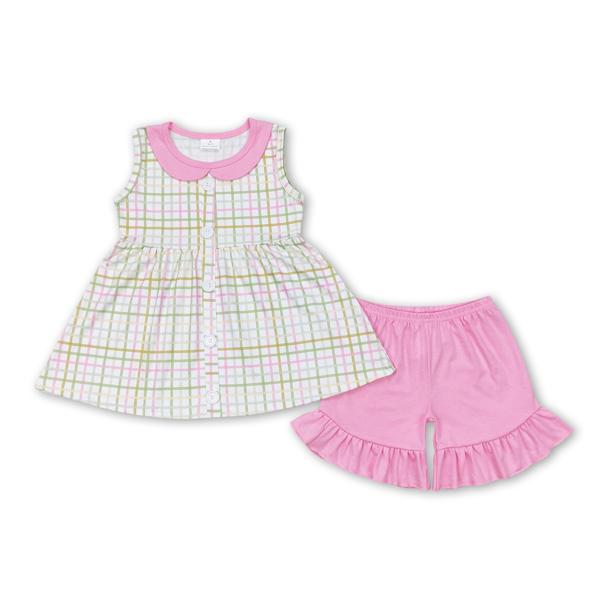Sleeveless pink green plaid tunic shorts girls summer outfits – Yawoo Garments