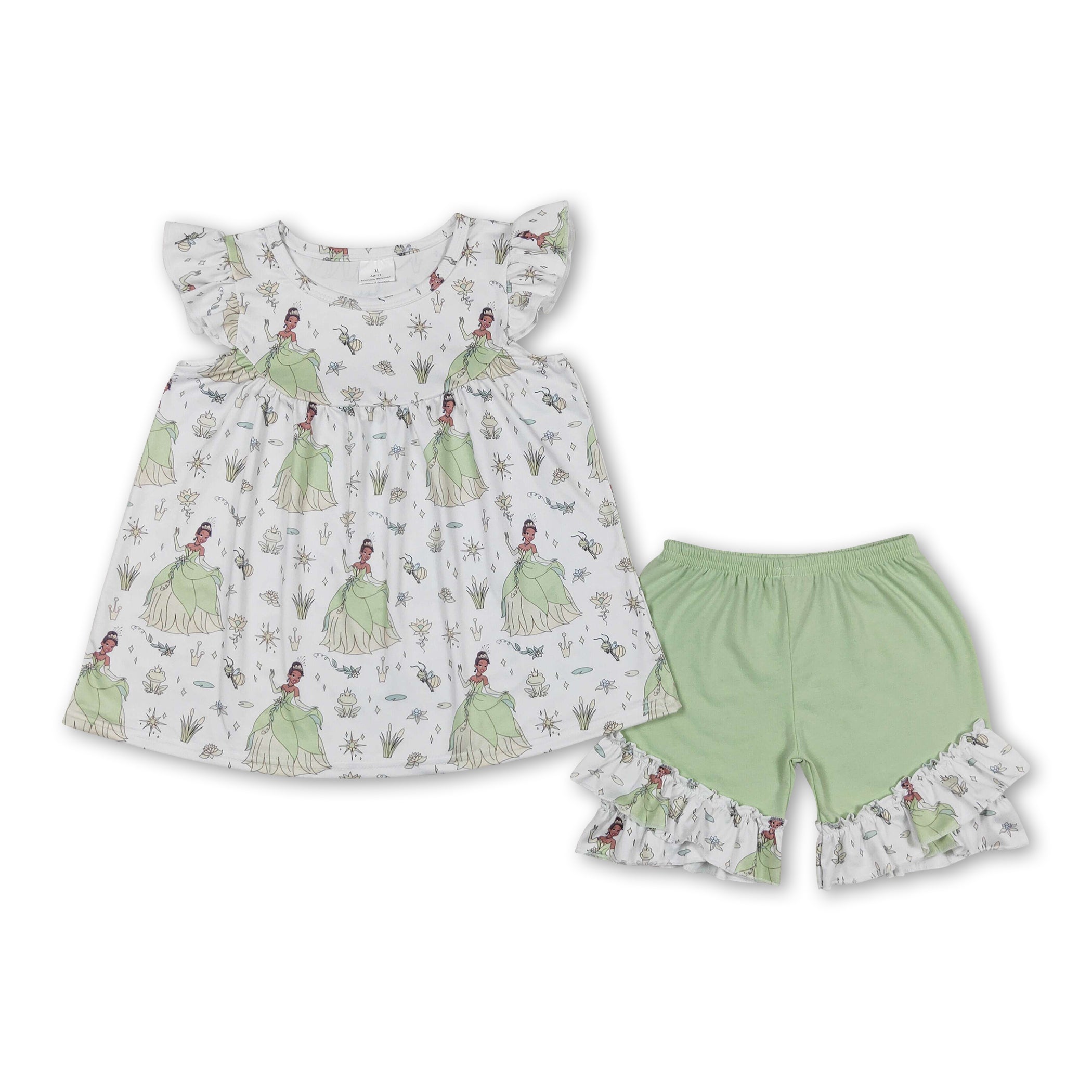 Flutter sleeves princess top green ruffle shorts girls clothes – Yawoo Garments
