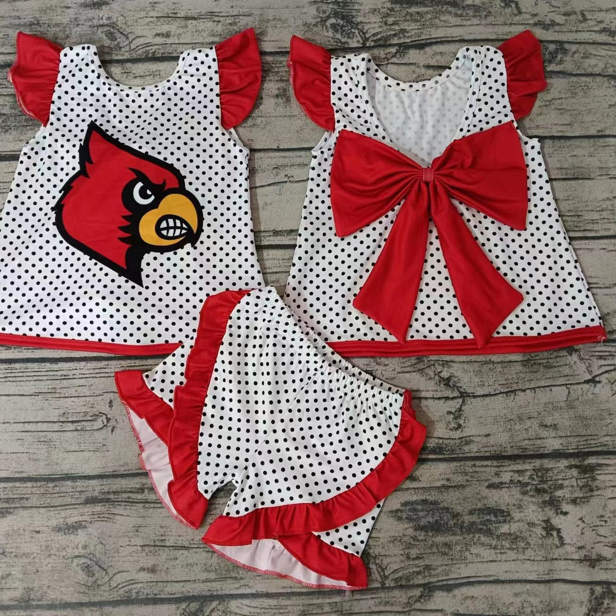 MOQ 3 pcs bird polka dots red bow backless girls team outfits – Yawoo ...