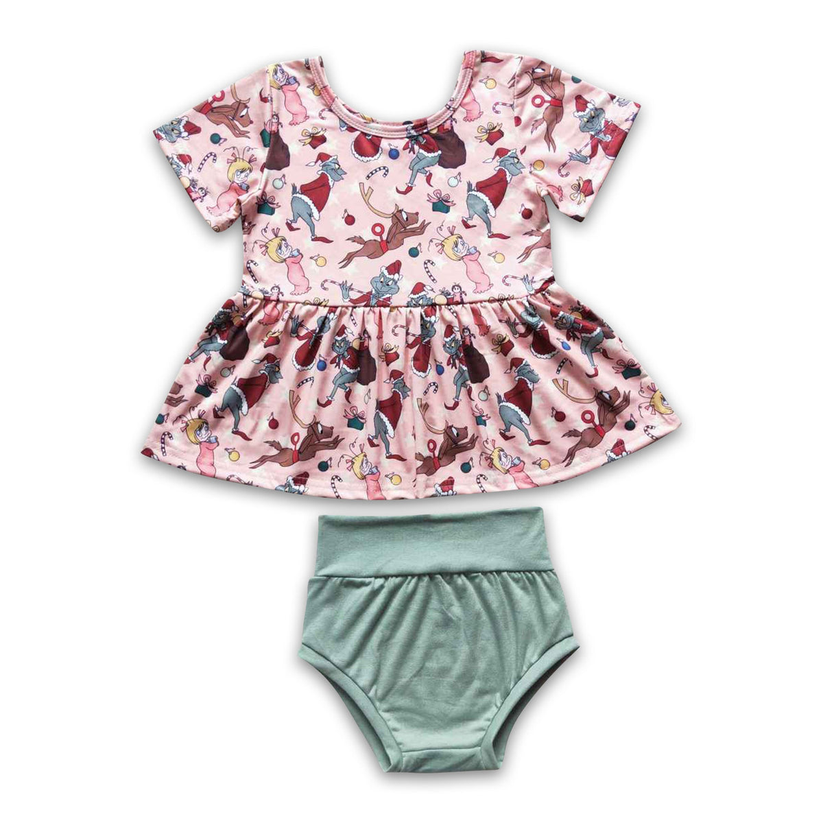 Green face deer peplum bummies baby girls Christmas outfits – Yawoo Garments