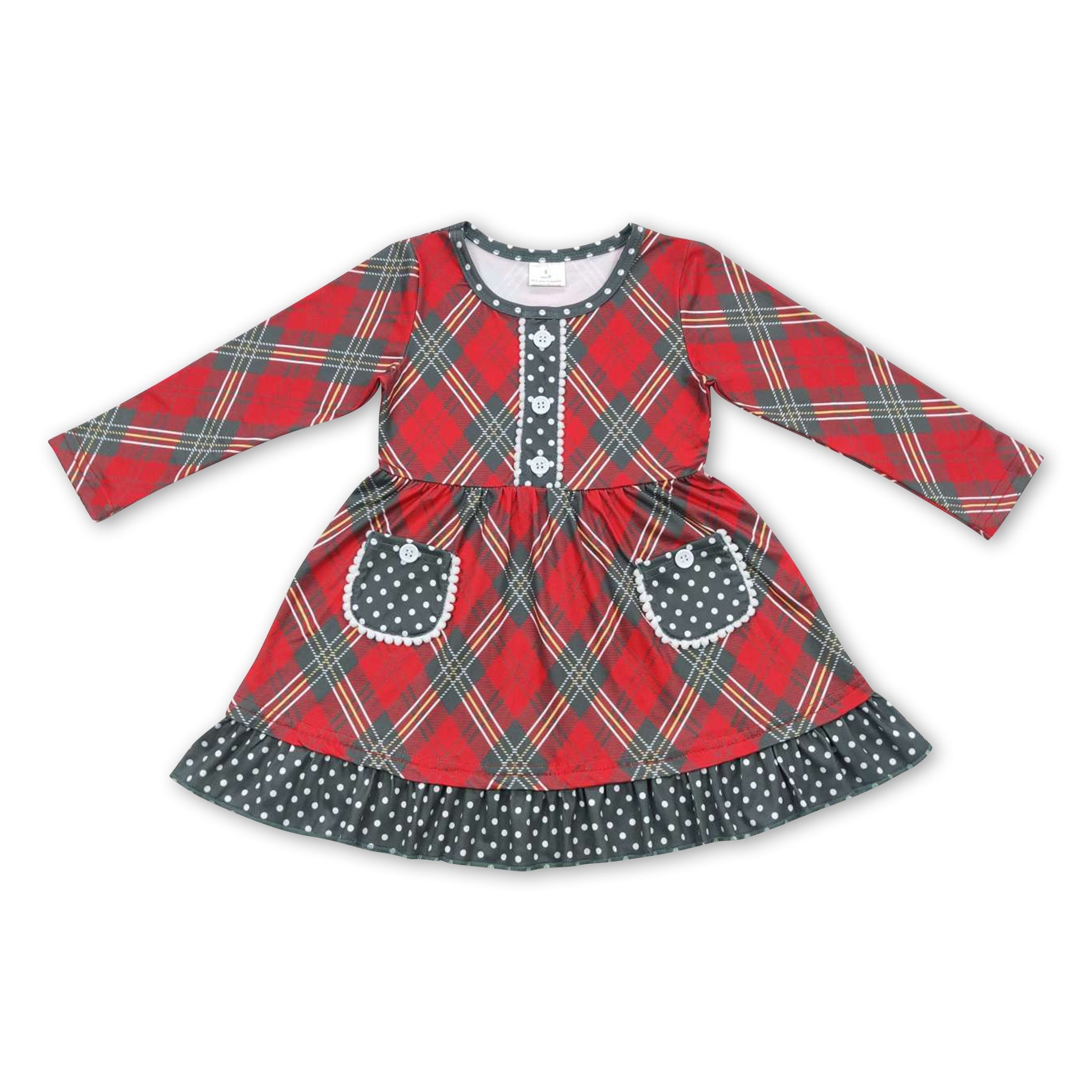 Red green plaid pocket ruffle girls Christmas dress – Yawoo Garments