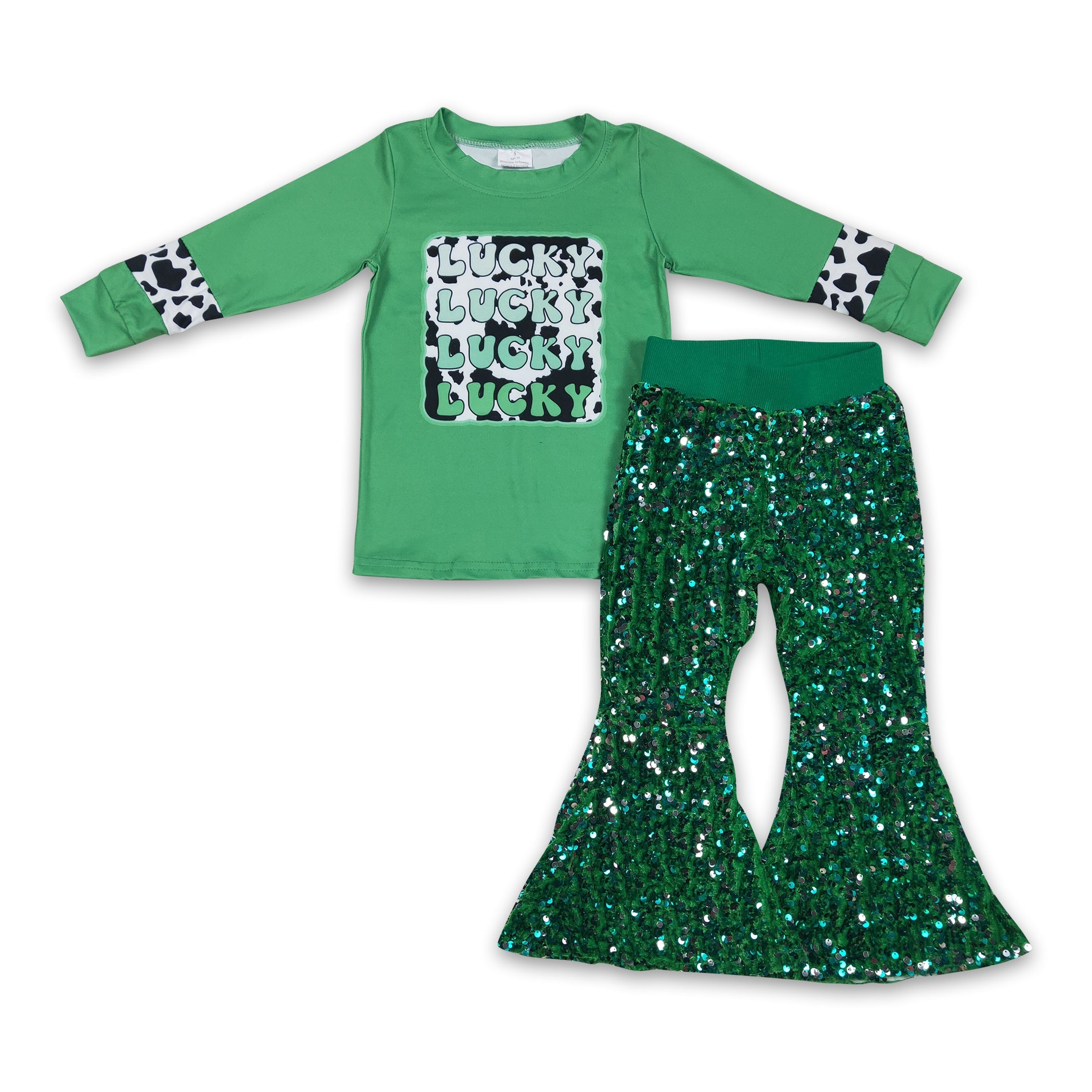 Lucky cow shirt green sequin pants girls st patrick's day clothes – Yawoo Garments