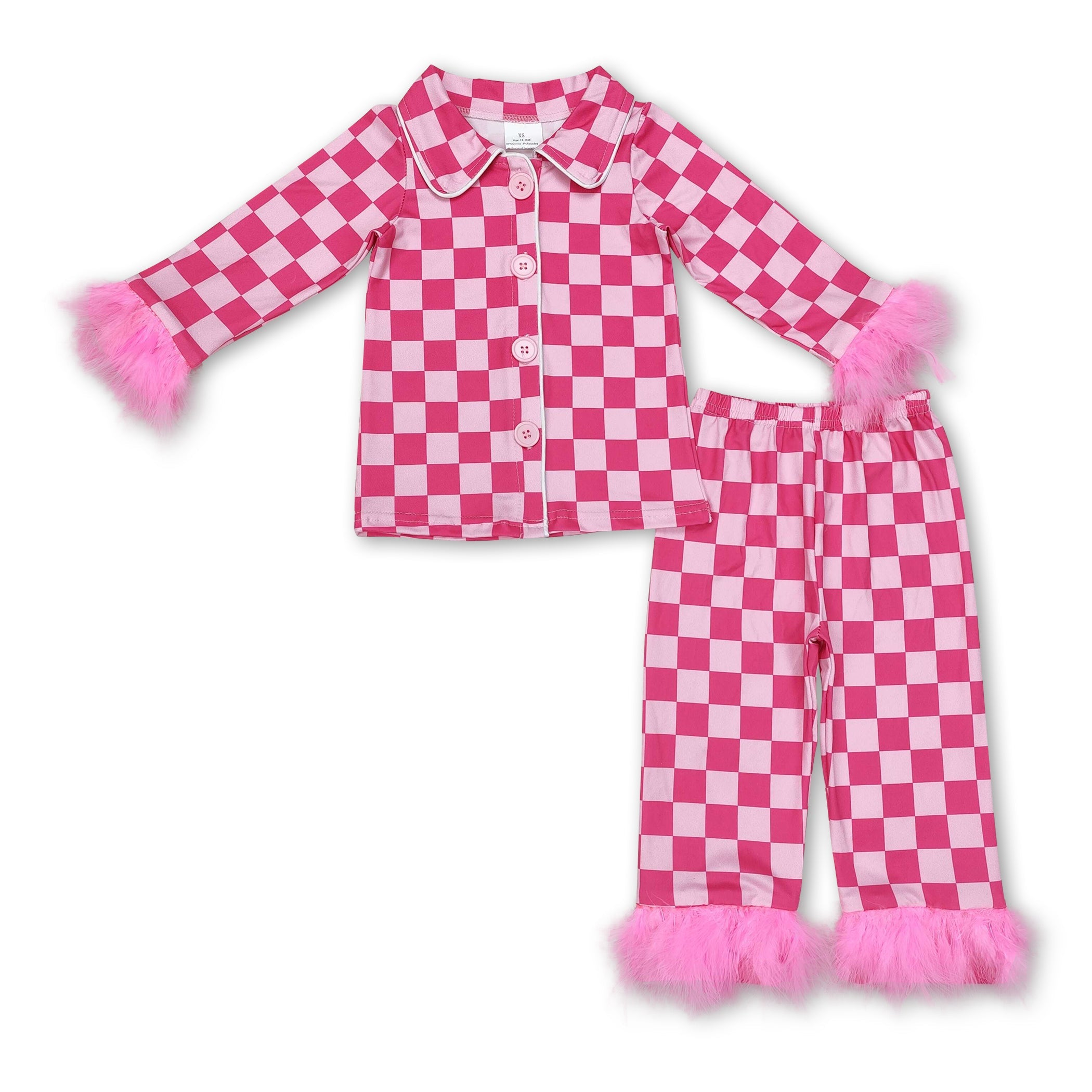 Hot pink plaid fur ruffle kids girls button down pajamas – Yawoo Garments