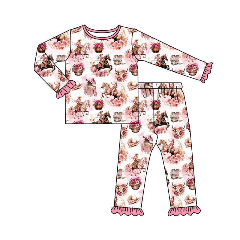Pink ruffle horse floral rodeo girls western pajamas – Yawoo Garments