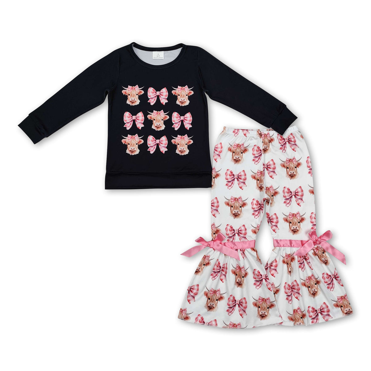 Black bow highland cow top pants western girls clothes – Yawoo Garment