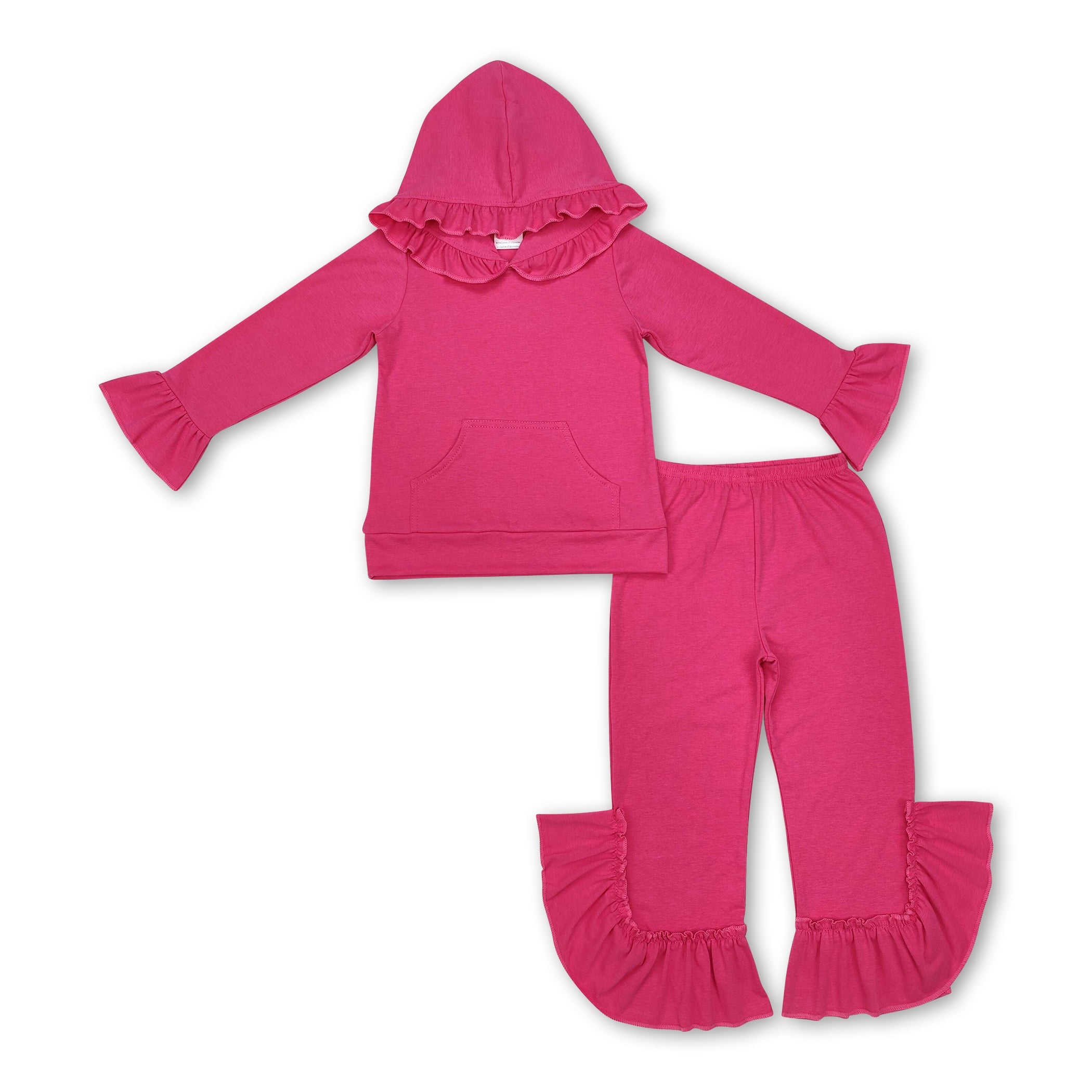 Hot pink color cotton ruffle hoodie pants girls clothing set – Yawoo ...