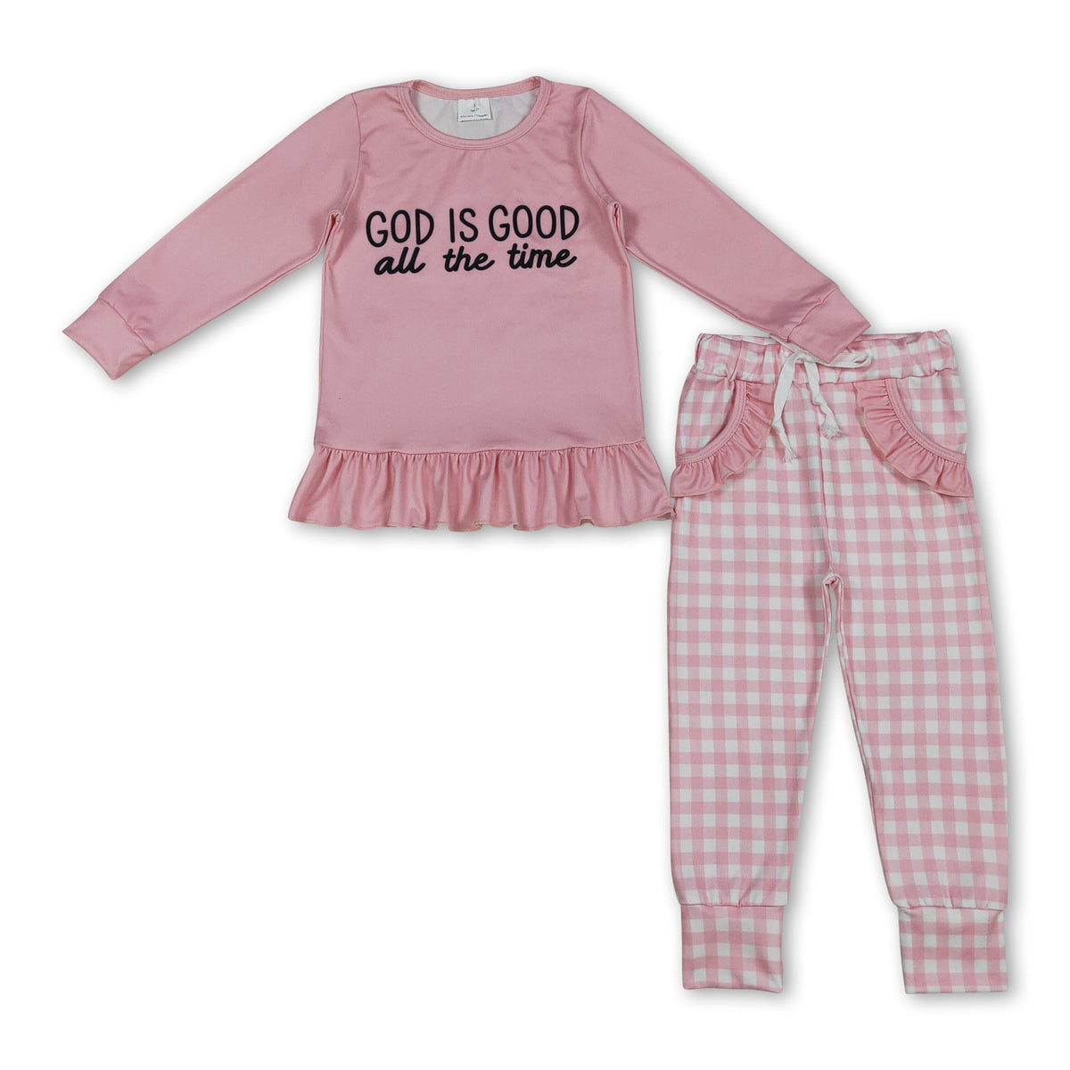 God is good all the time top pink plaid pants girls clothing set ...