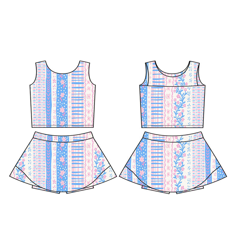 Sleeveless pink blue floral top skirt girls activewear set – Yawoo Garments