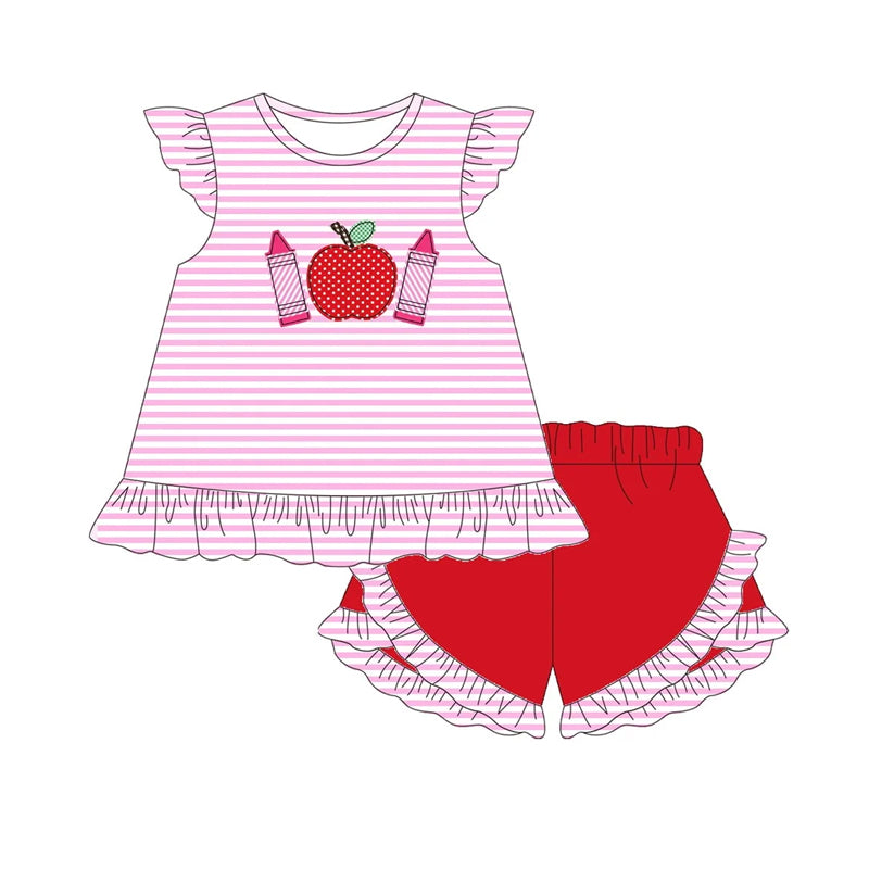 Pink stripe apple crayon kids girls back to school outfits – Yawoo Garments