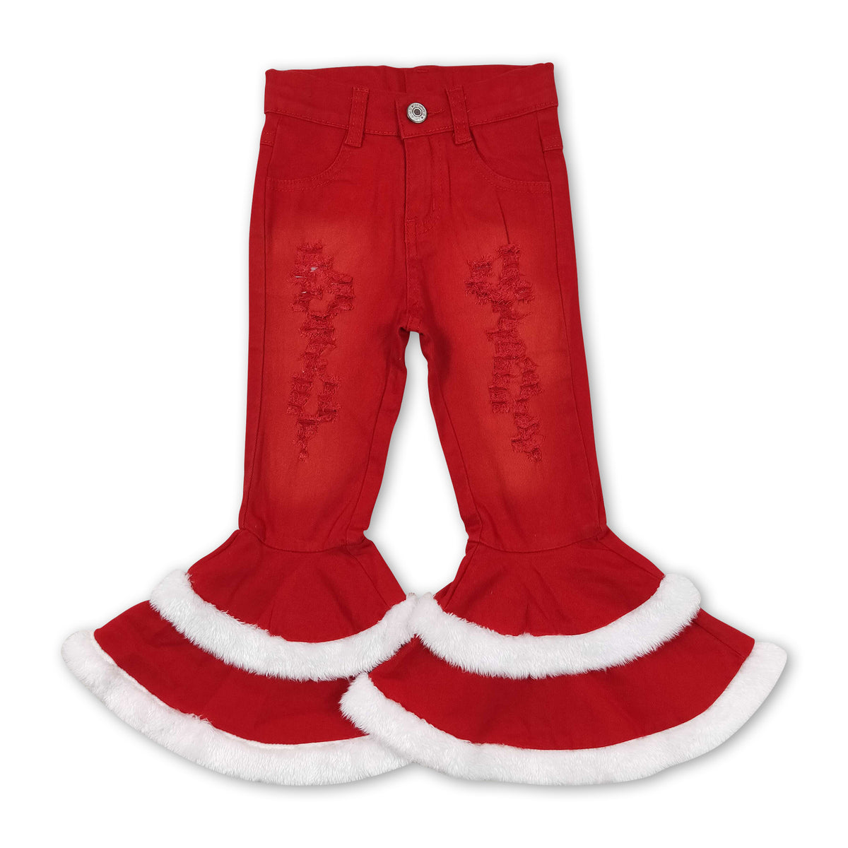 Red distressed ruffle bell bottom pants girls Christmas jeans – Yawoo ...