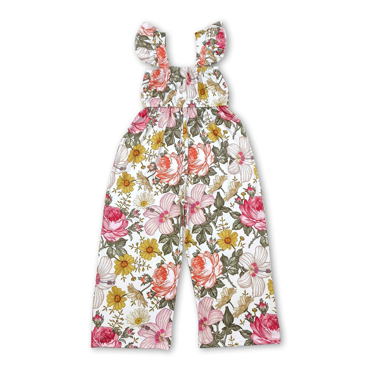 Flutter sleeves pink white floral kids girls summer jumpsuit – Yawoo ...