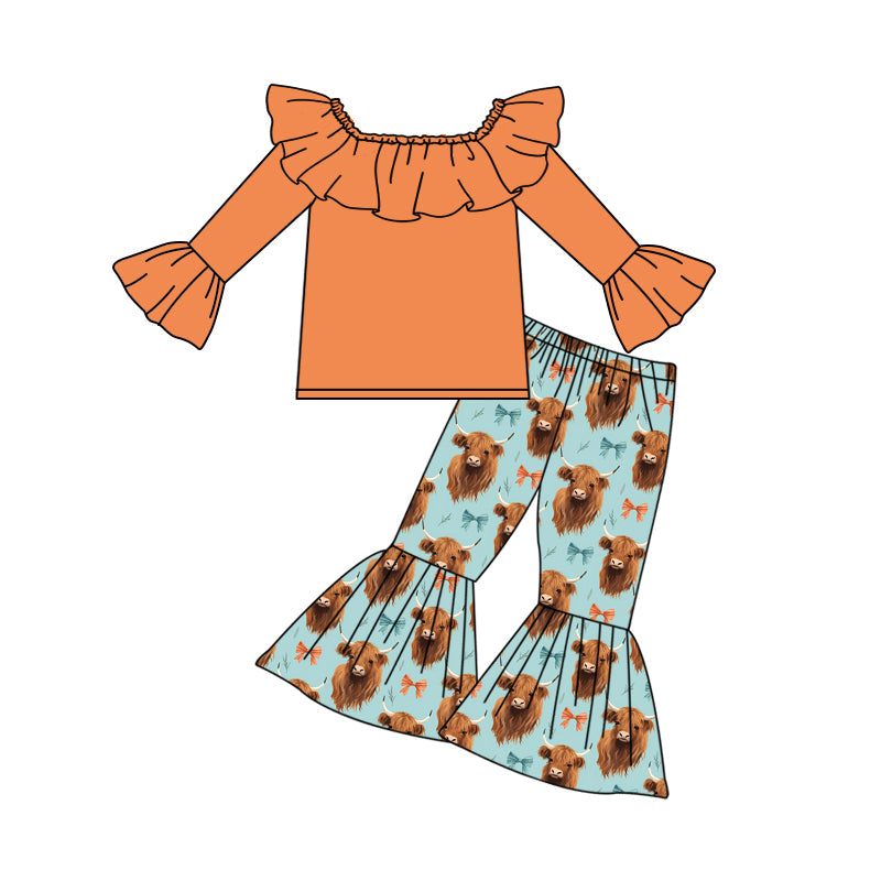 MOQ 5 cotton top highland cow bow pants girls clothes – Yawoo Garment