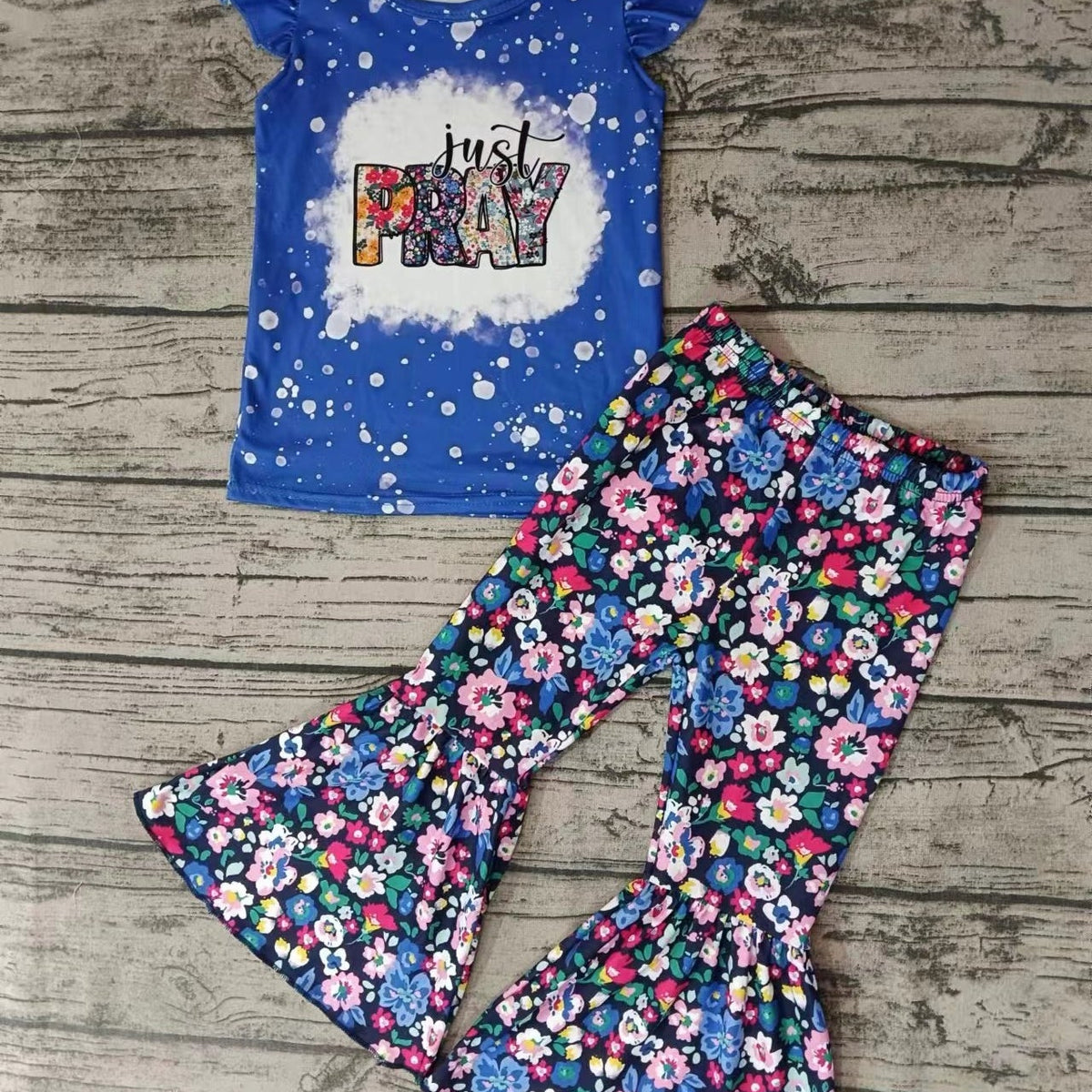 MOQ 3 pcs blue just pray top floral pants girls clothes – Yawoo Garments