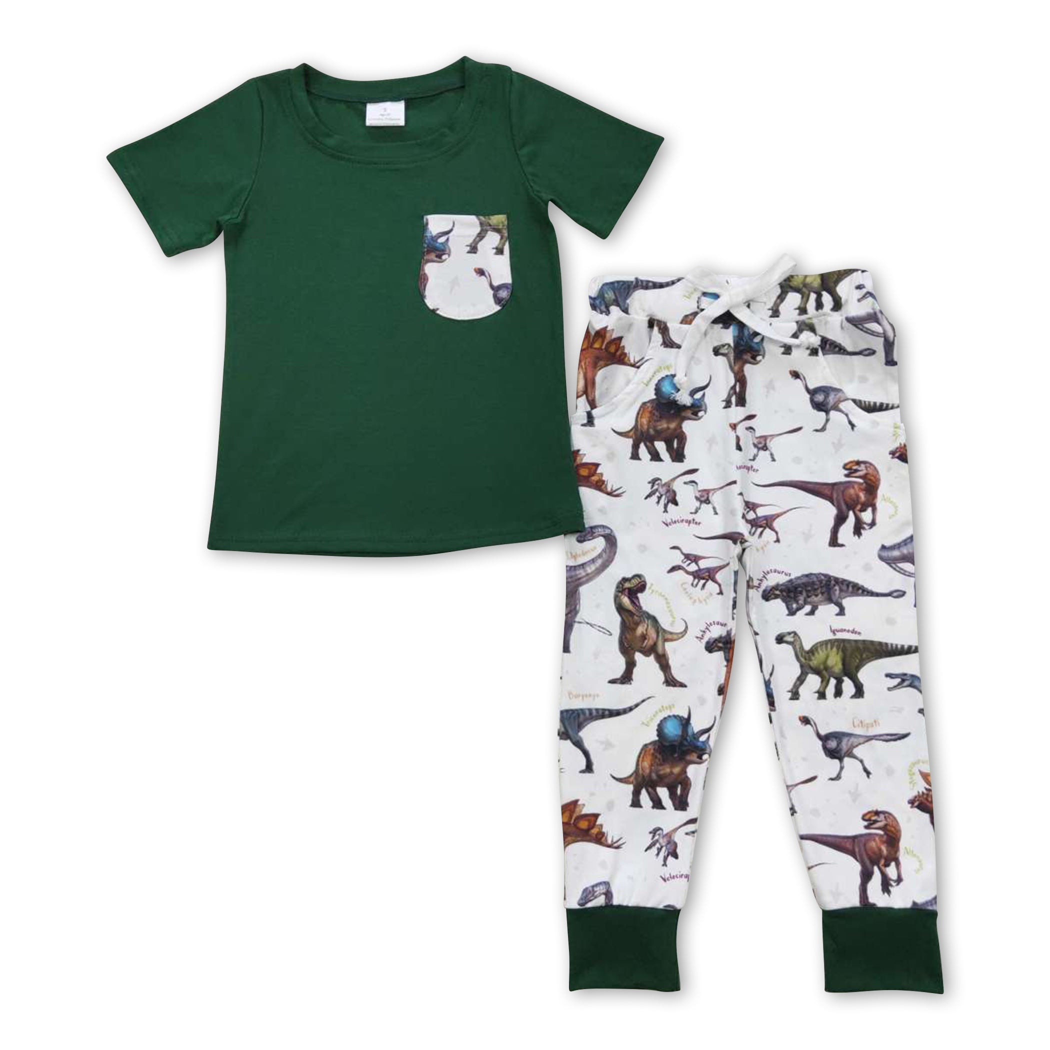Green pocket top dinosaur pants kids boy outfits – Yawoo Garments