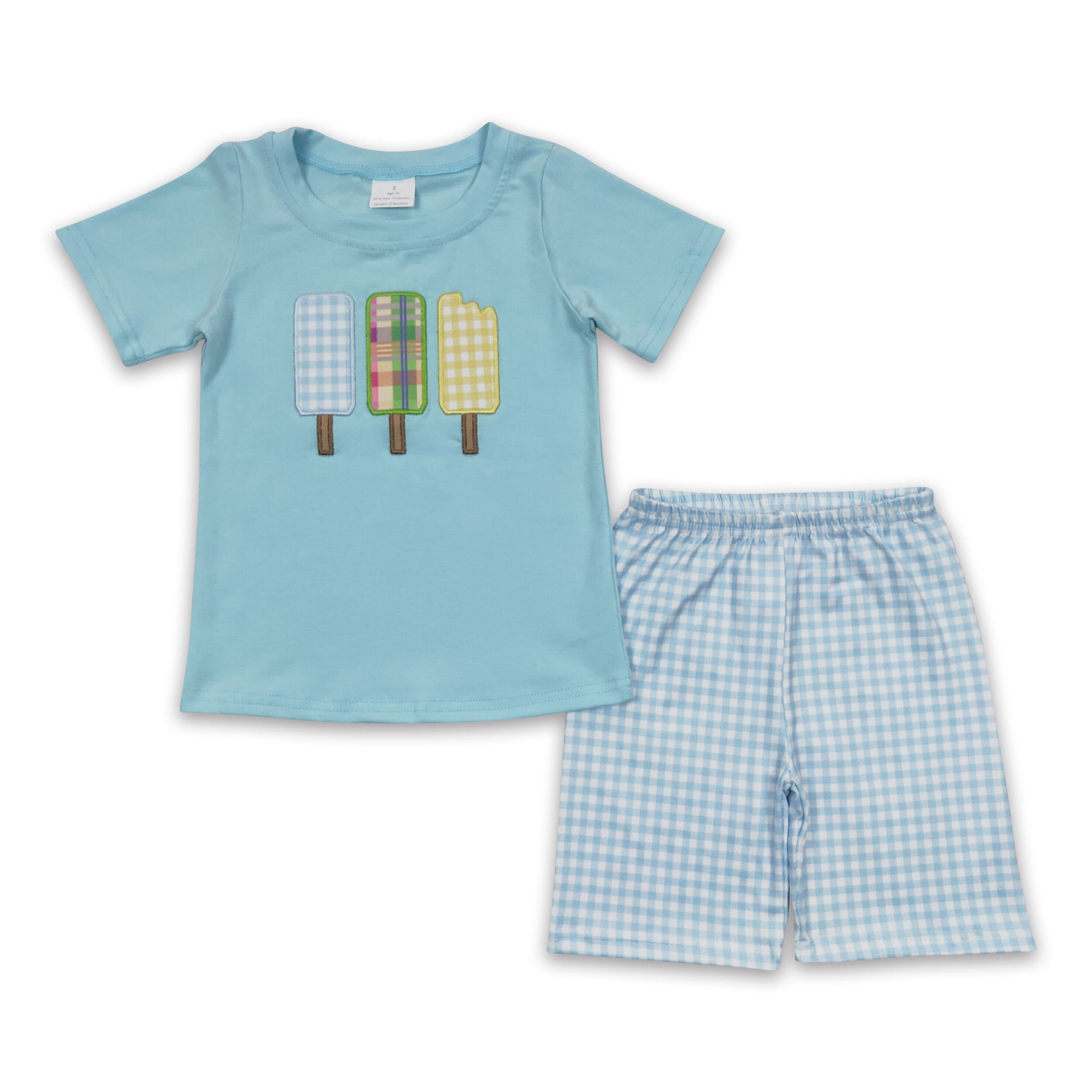 Popsicle embroidery shirt plaid shorts boy summer outfits – Yawoo Garments