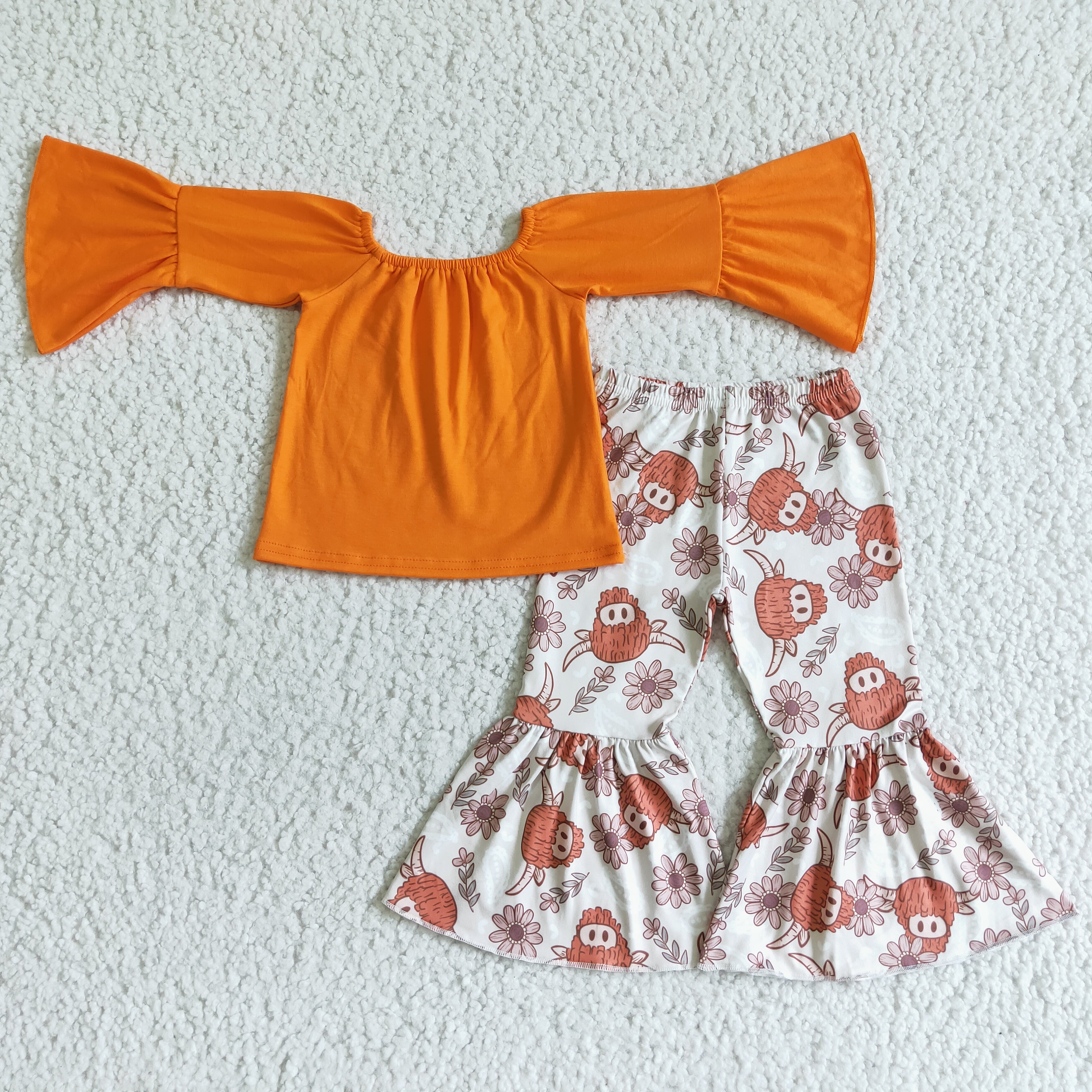 Solid cotton top highland cow pants girls fall clothing – Yawoo Garments