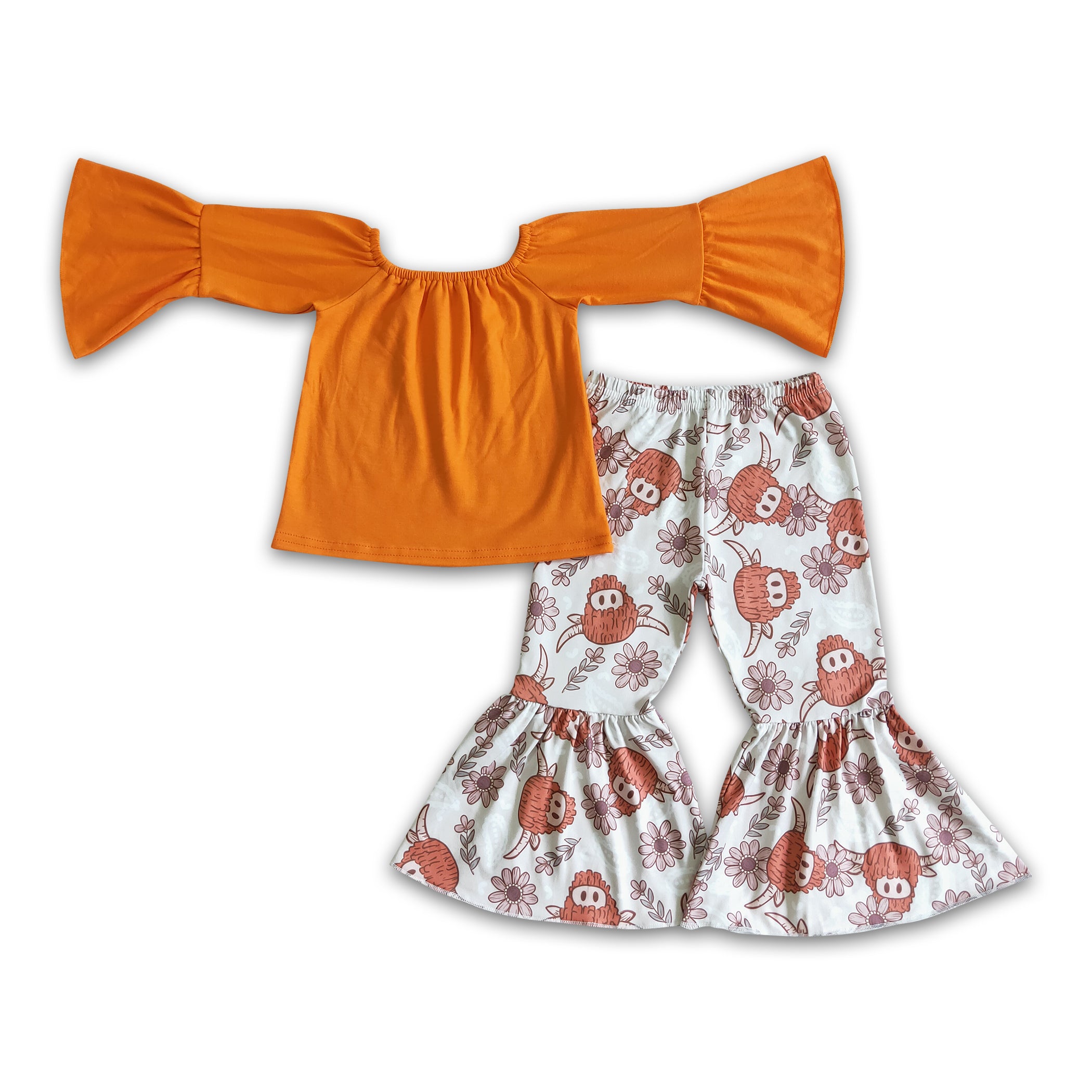 Solid cotton top highland cow pants girls fall clothing – Yawoo Garments