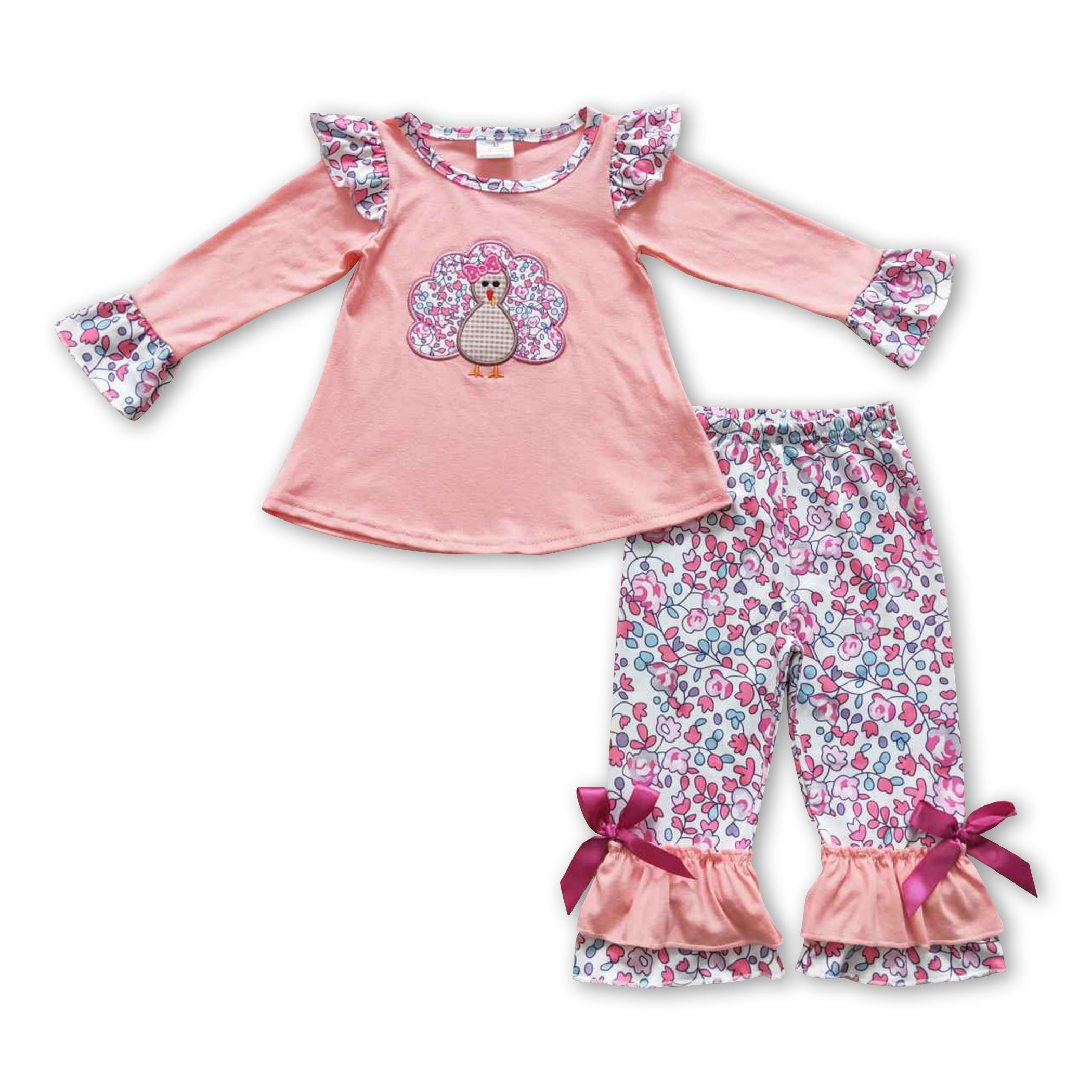 Floral turkey top ruffle pants girls Thanksgiving clothes – Yawoo Garments