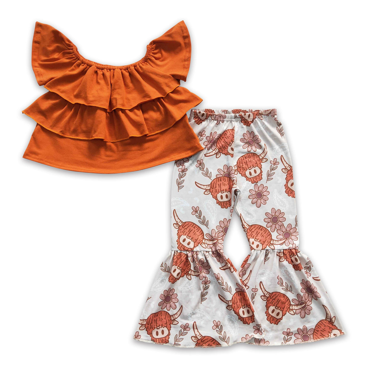 Ruffle top highland cow bell bottom pants girls clothes – Yawoo Garment