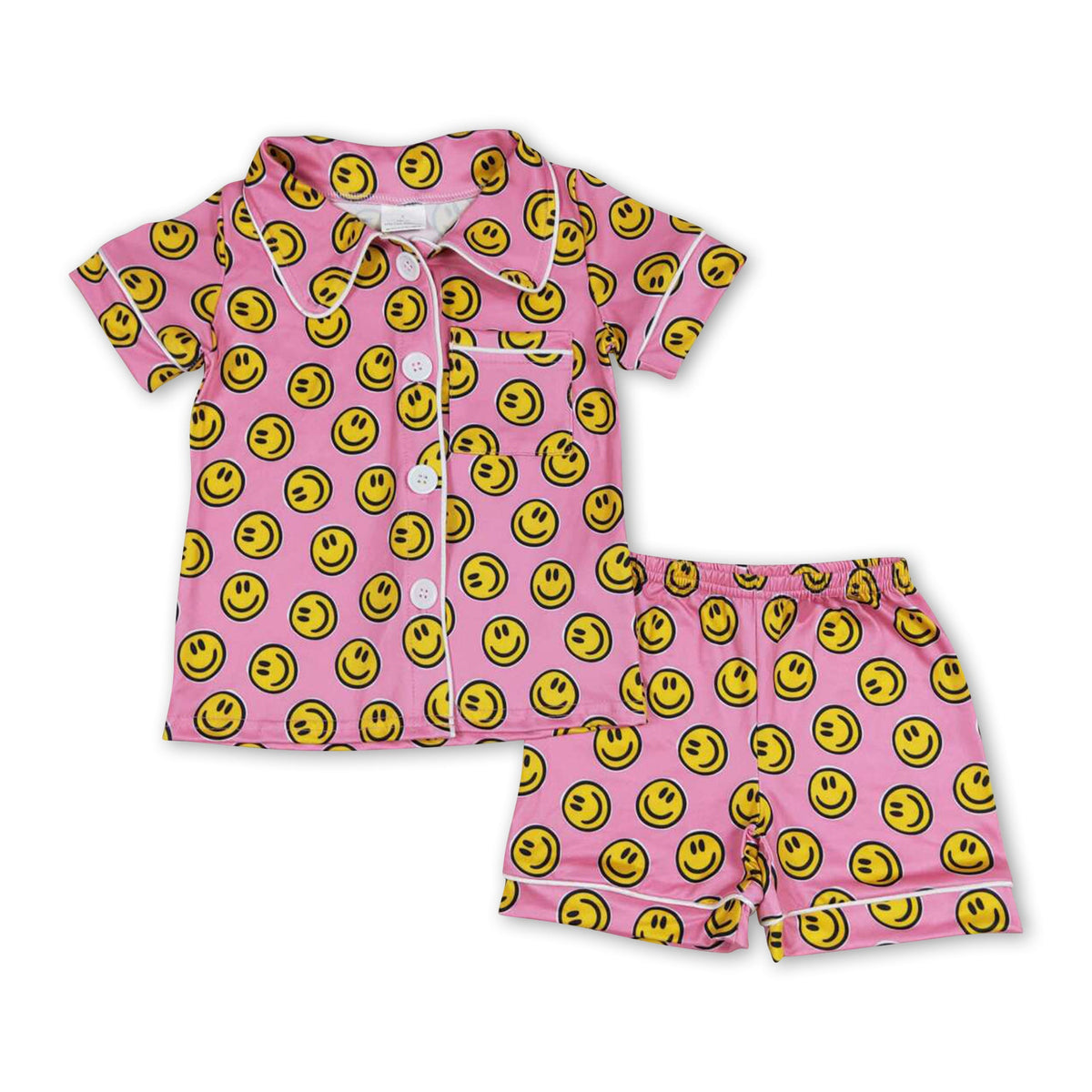Pink smile short sleeves girls button down summer pajamas – Yawoo Garments
