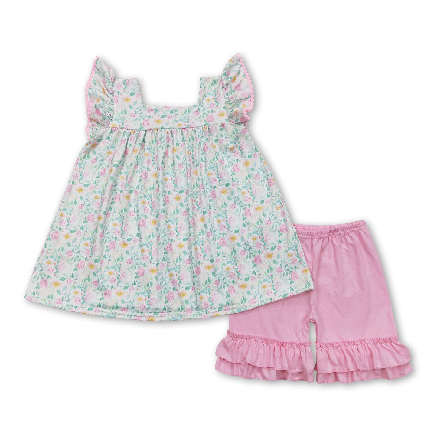 Flutter sleeves pink floral ruffle shorts girls summer clothes – Yawoo ...